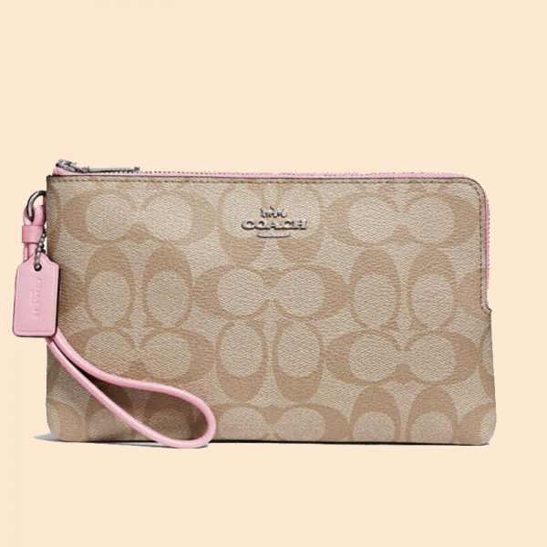 Coach Double Zip Wallet Signature Light Khaki Carnation - Averand Coach Double Zip Wallet Signature Light Khaki Carnation - Averand