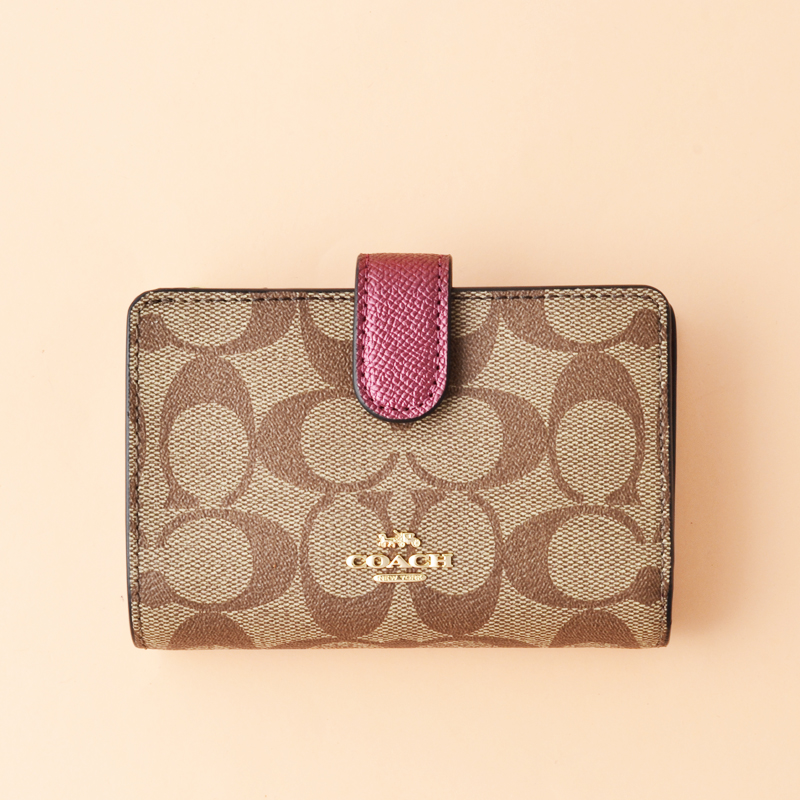 Coach Medium Corner Zip Wallet Signature Khaki Metallic Wine - Averand