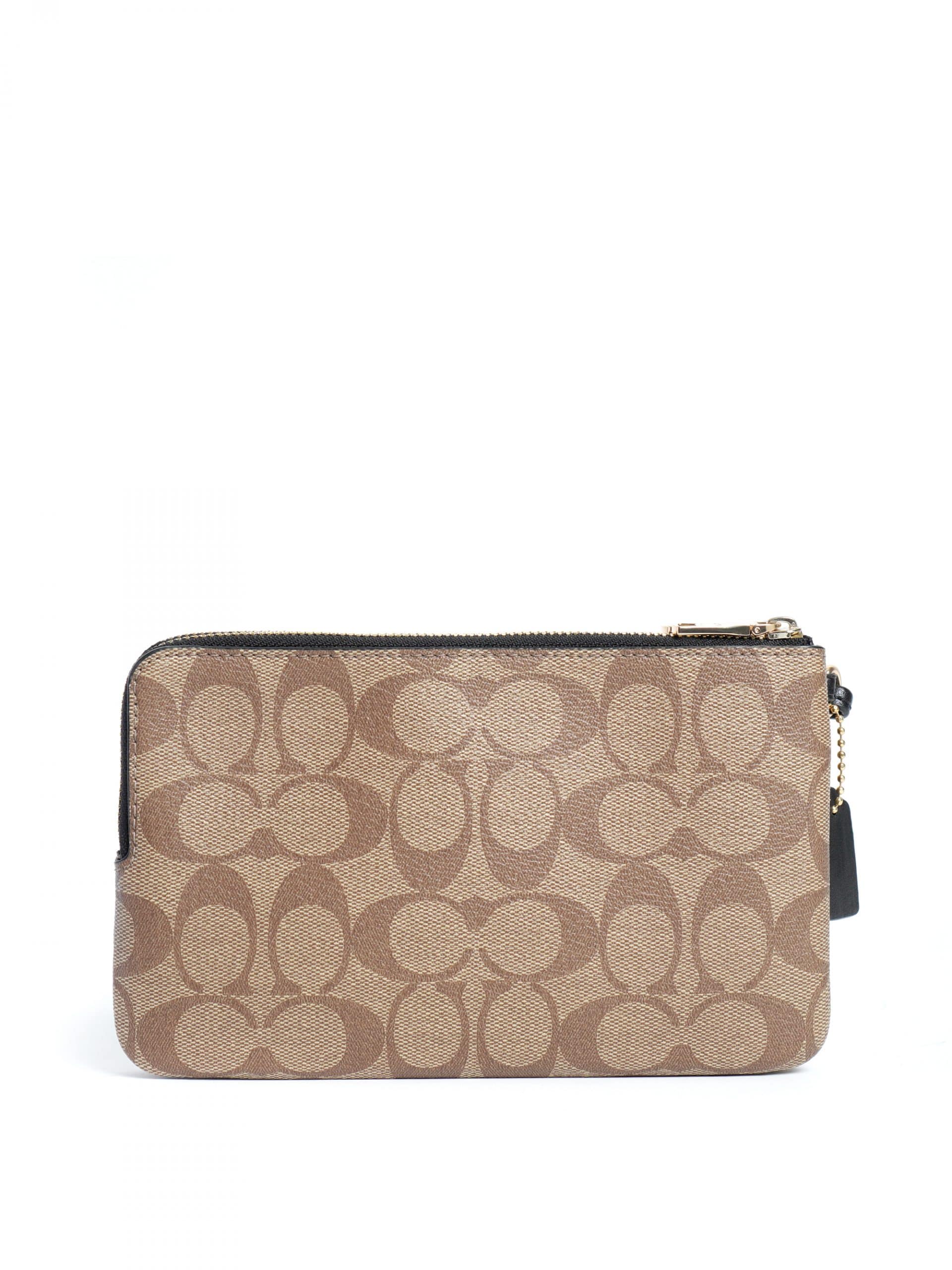 Coach Double Zip Wallet Signature Khaki Black - Averand