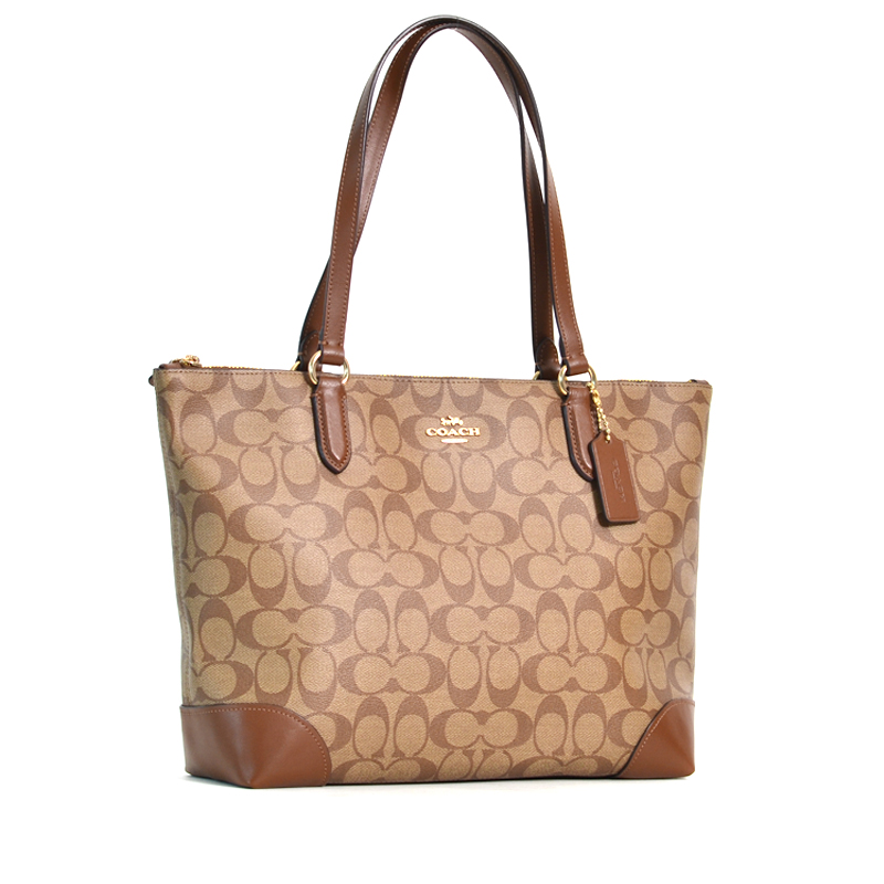 Coach Zip Top Tote Signature Khaki Saddle 2 - Averand