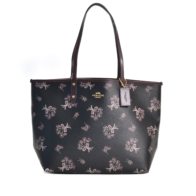 Coach Reversible City Tote Ribbon Bouquet Print Black Pink Multi - Averand
