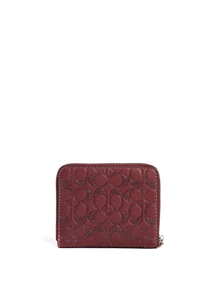Coach Small Zip Around Wallet Signature Leather Glitter Wine - Averand