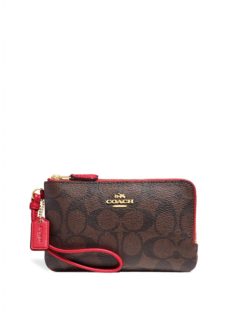 Coach Double Corner Zip Wristlet Signature Brown True Red - Averand