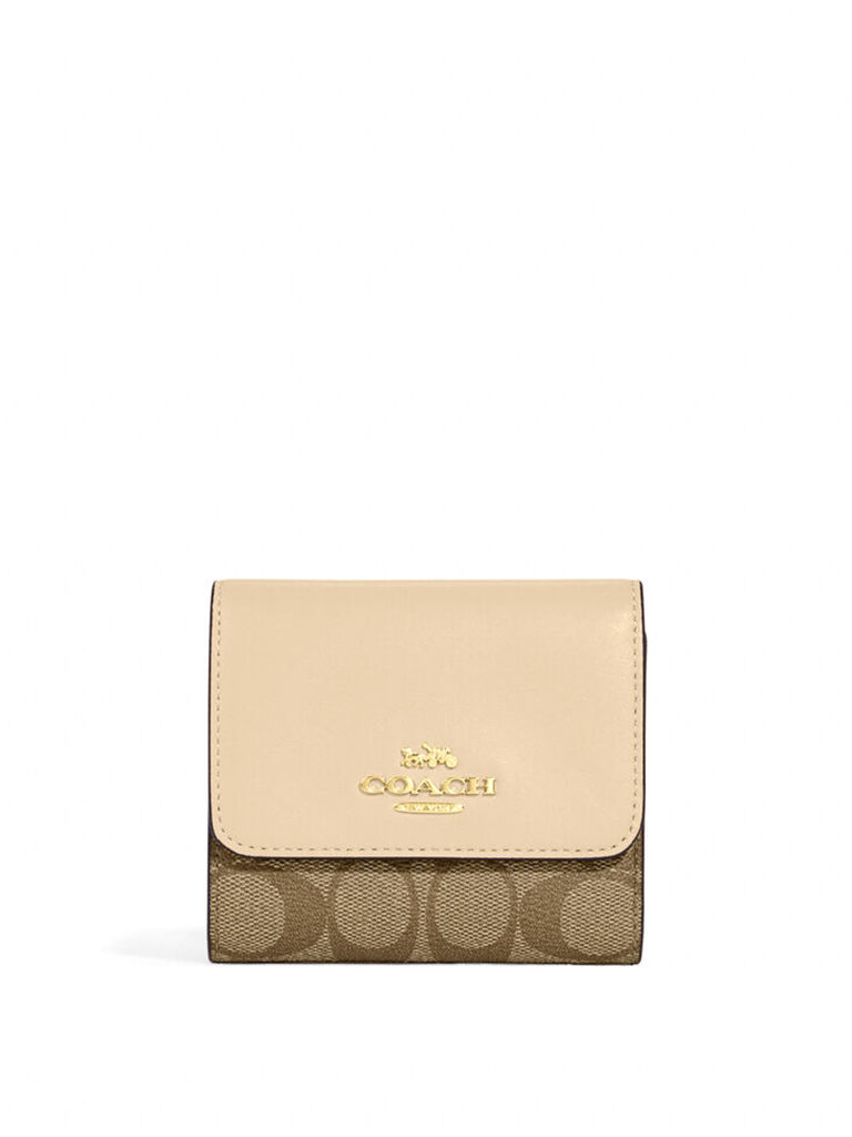 Coach Small Trifold Wallet Blocked Signature Khaki Ivory - Averand